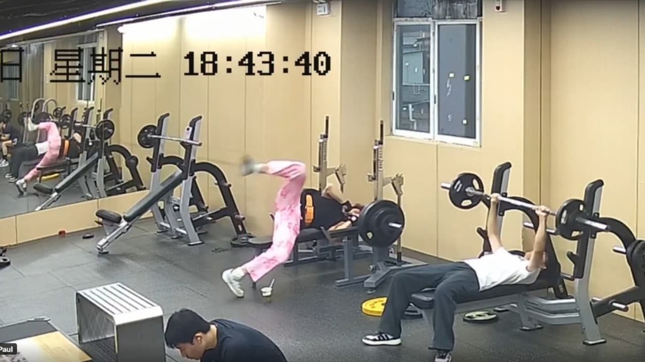 Gym horror caught on cam: Man cheats death after bench press barbell ...