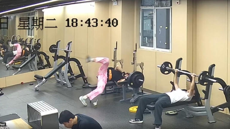 Gym horror caught on cam: Man cheats death after bench press barbell ...
