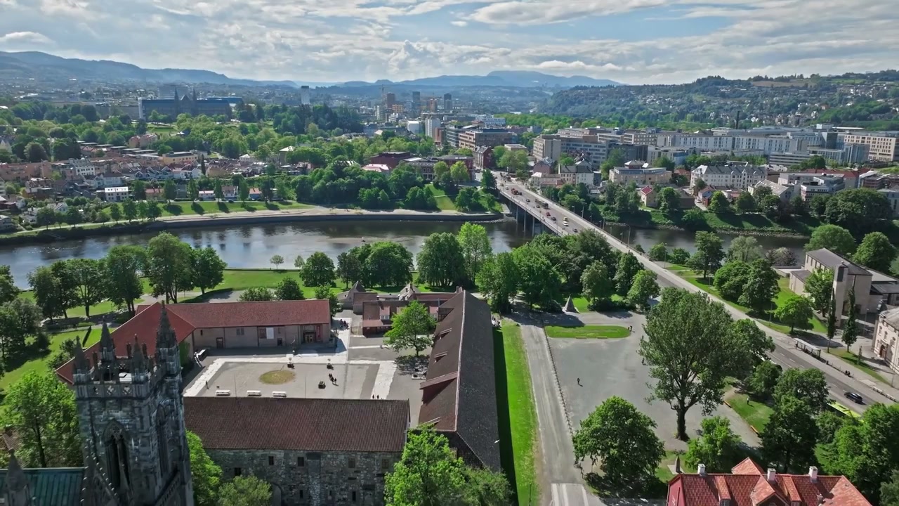 Trondheim, Norway: Drone views of colorful riverfront and cathedral