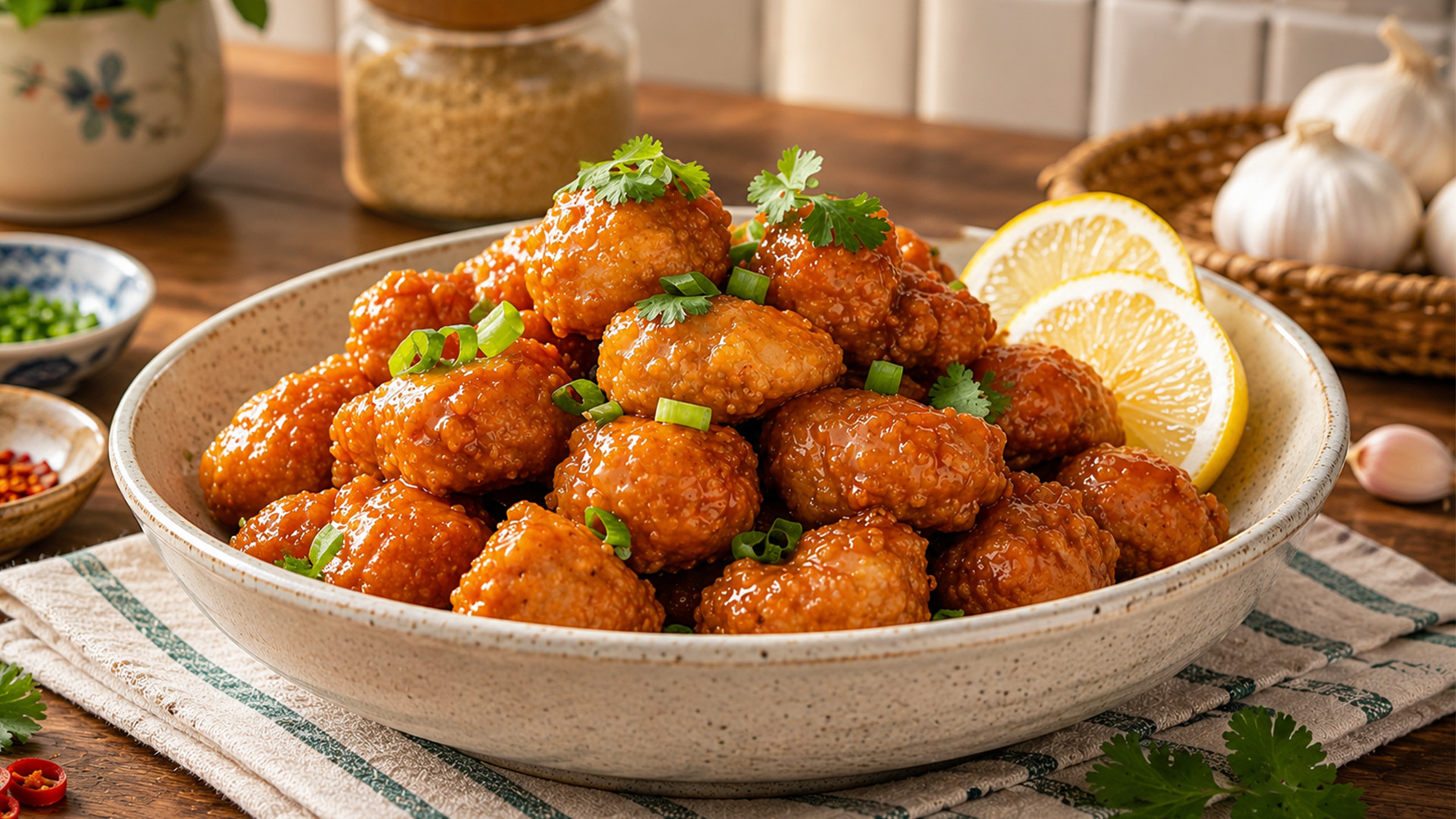 Lemon chicken with golden coating and fresh citrus glaze