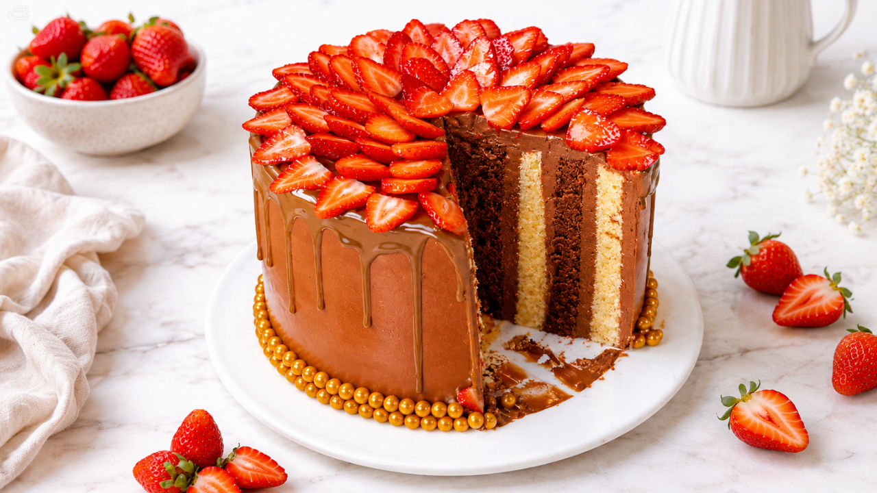Strawberry chocolate layer cake with caramel drip
