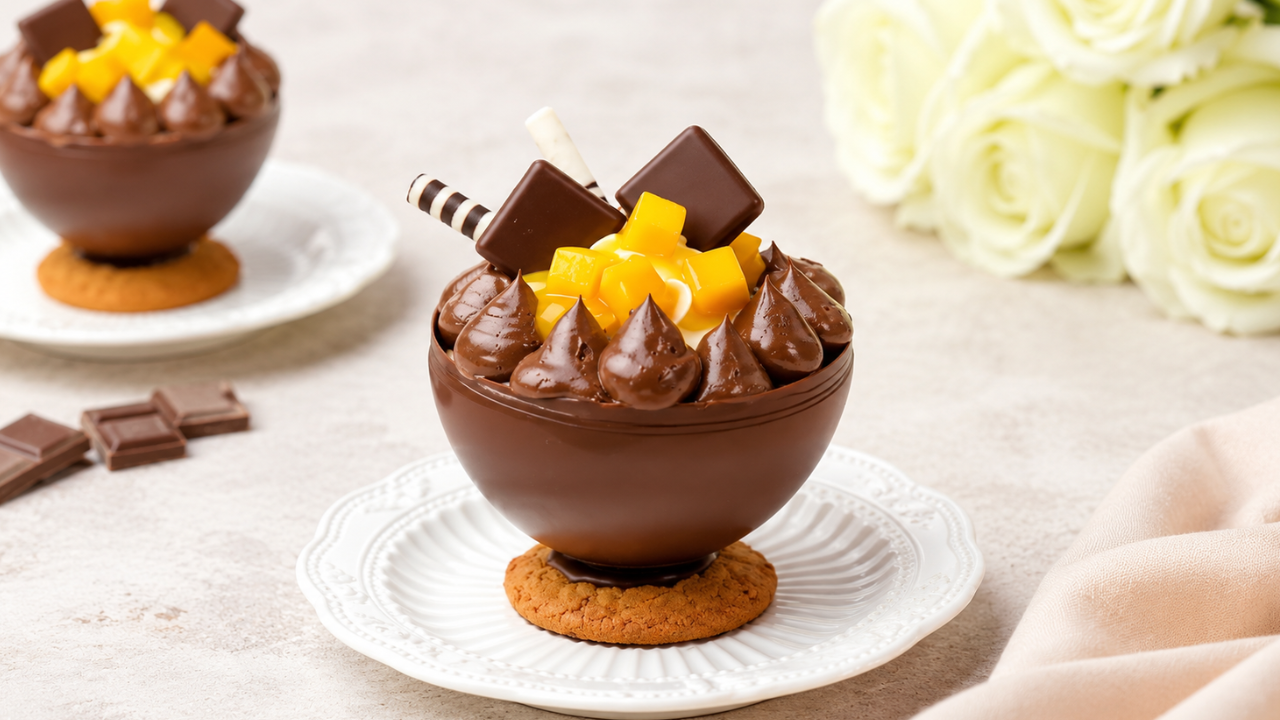 Chocolate dessert bowl with cream and mango topping