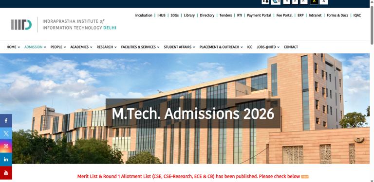 IIIT Delhi MTech admissions 2026: Round 1 seat allotment, merit list ...