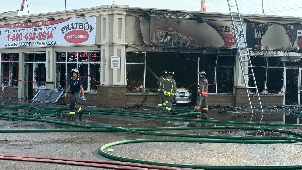 Crews put out 5-alarm blaze after car crashes into Etobicoke fireworks ...