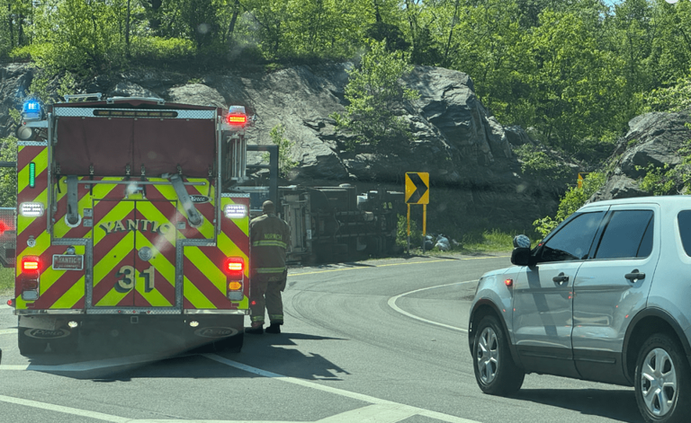 Overturned box truck temporarily closes Route 2 ramp to I-395 in Norwich