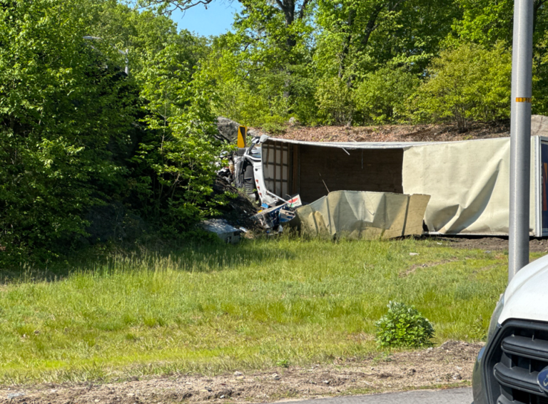 Overturned box truck temporarily closes Route 2 ramp to I-395 in Norwich