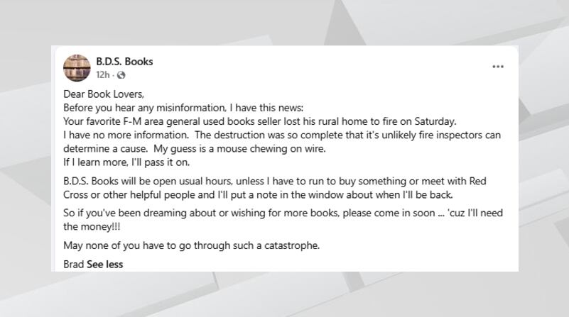F-M area used book seller loses home in fire, keeps store open