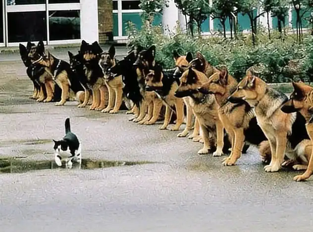 Cena mostra cães policiais ignorando gato e simboliza disciplina