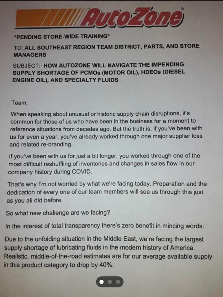 Leaked AutoZone memo warns of massive motor oil shortages as supply ...