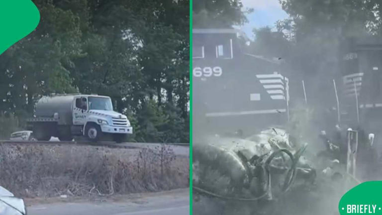Septic truck destroyed after violent train collision at railway crossing