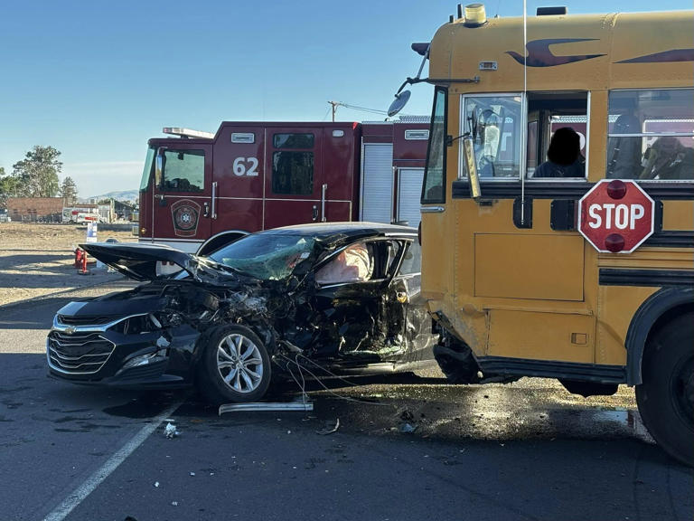 Crash involving school bus sends driver to the hospital