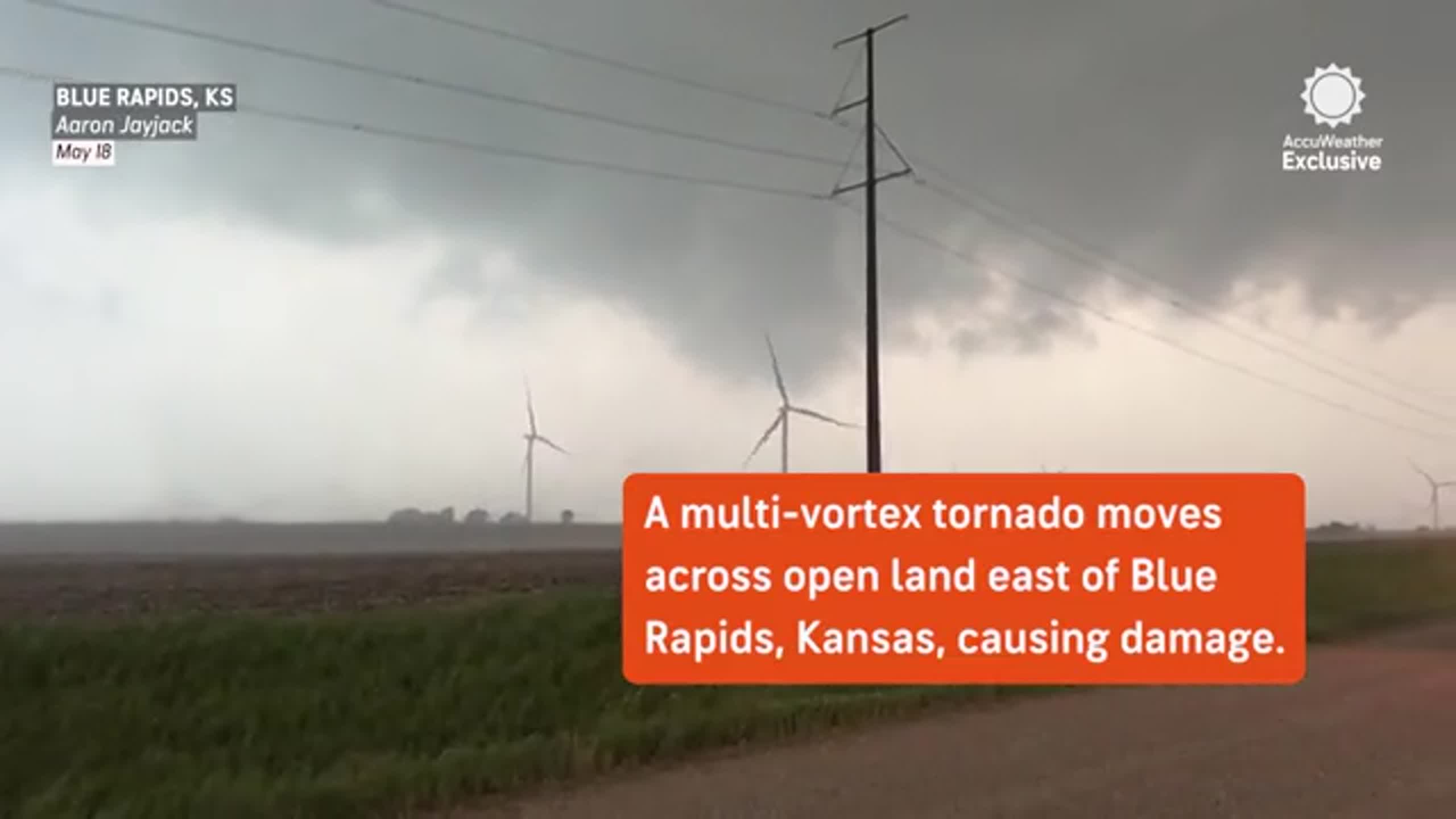 Multi-vortex tornado earlier causes damage east of Blue Rapids, Kansas