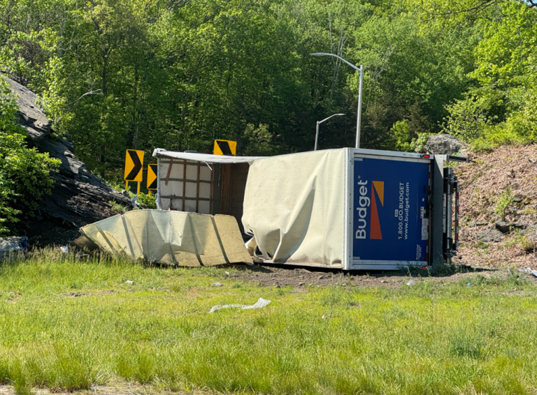 Overturned box truck temporarily closes Route 2 ramp to I-395 in Norwich