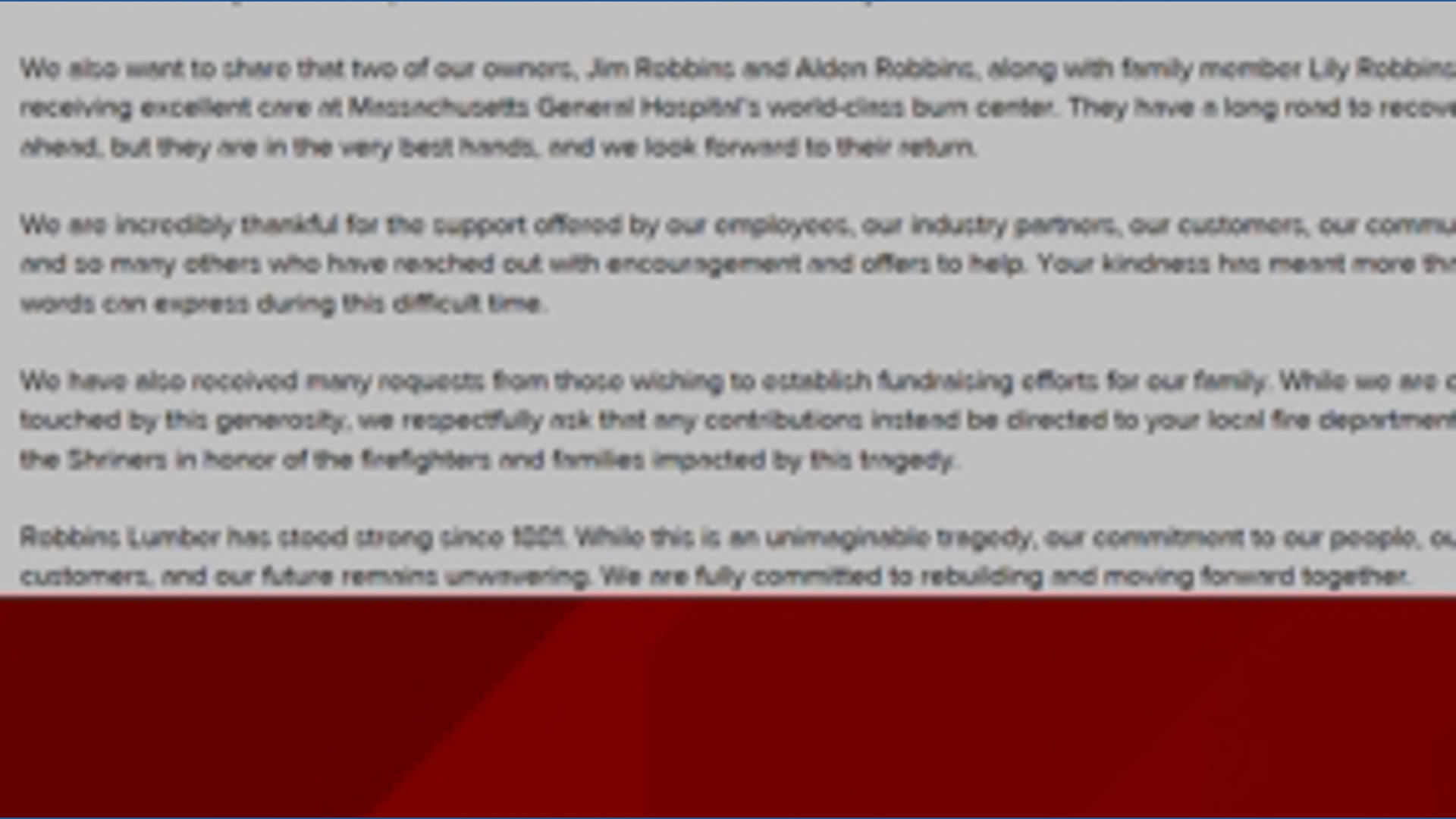 Robbins Lumber shares a statement following deadly fire