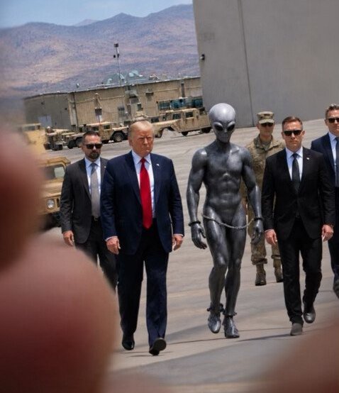 Donald Trump posts bizarre picture walking alongside alien in chains