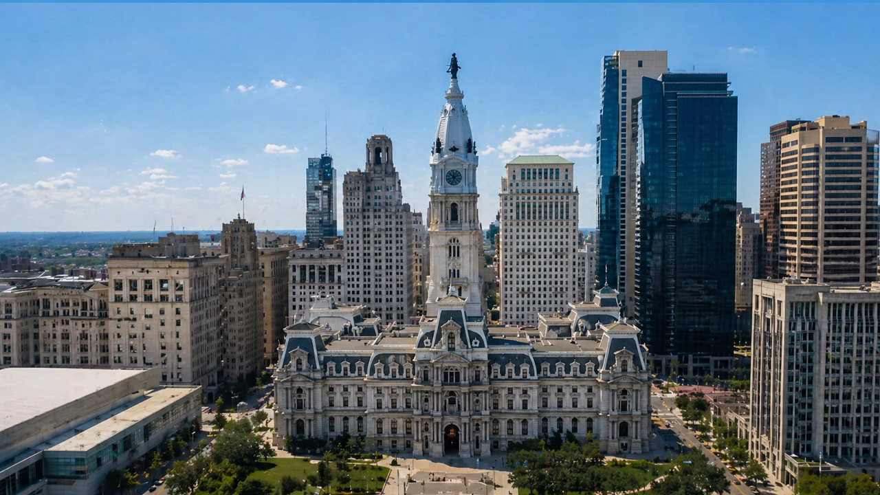 Philadelphia City Hall surrounded by the modern downtown skyline