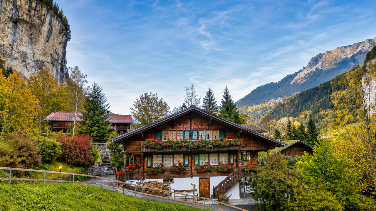 Walking through Lauterbrunnen’s mountain chalet scenery