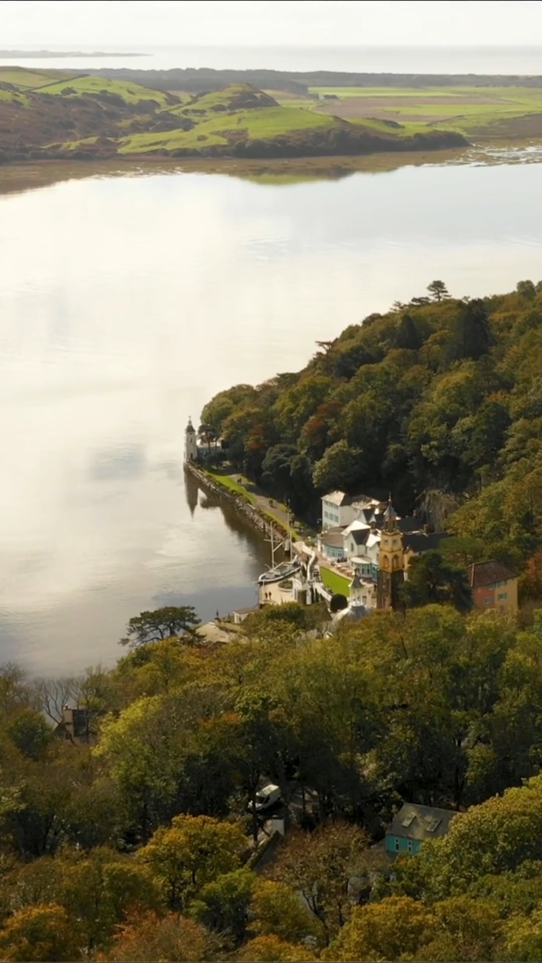 Drone flight over Portmeirion: Mysterious Welsh coastal village
