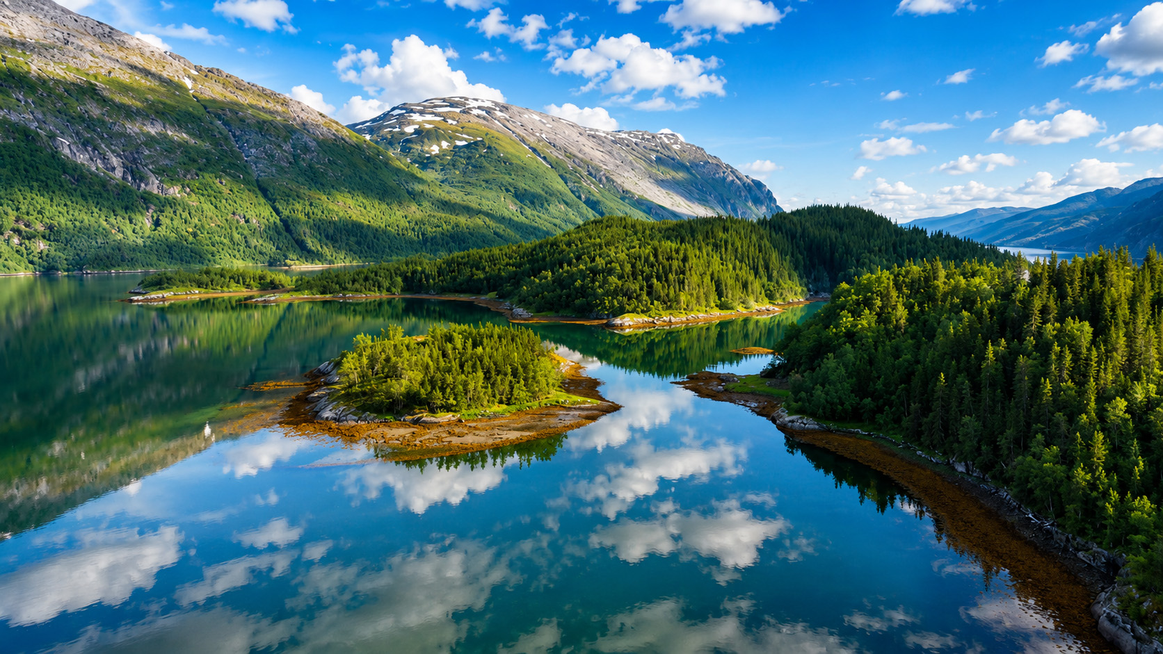 A remote fjord hidden between forested mountains