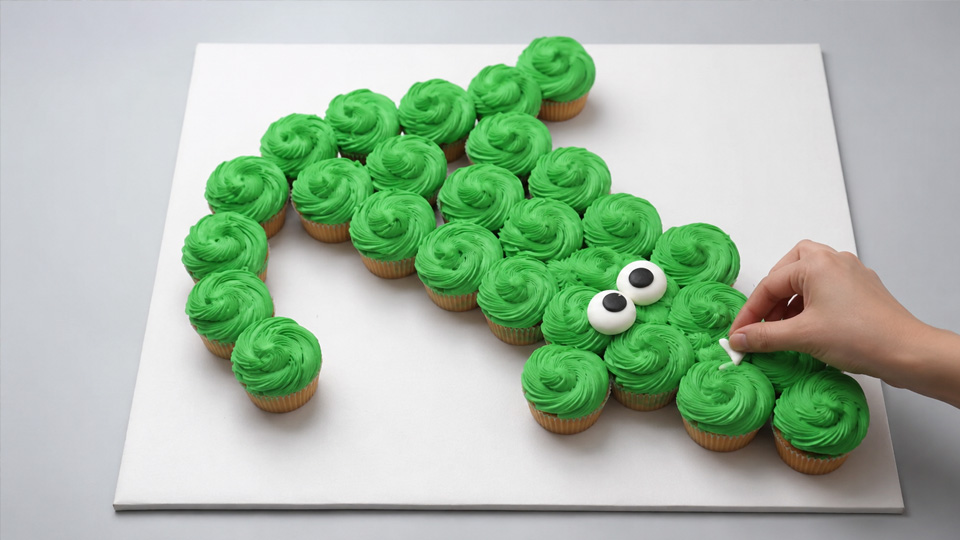 Simple piping creates a cute crocodile cake