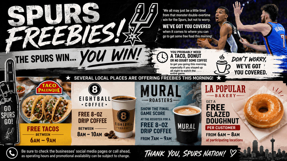 Spurs win means freebies across San Antonio this morning