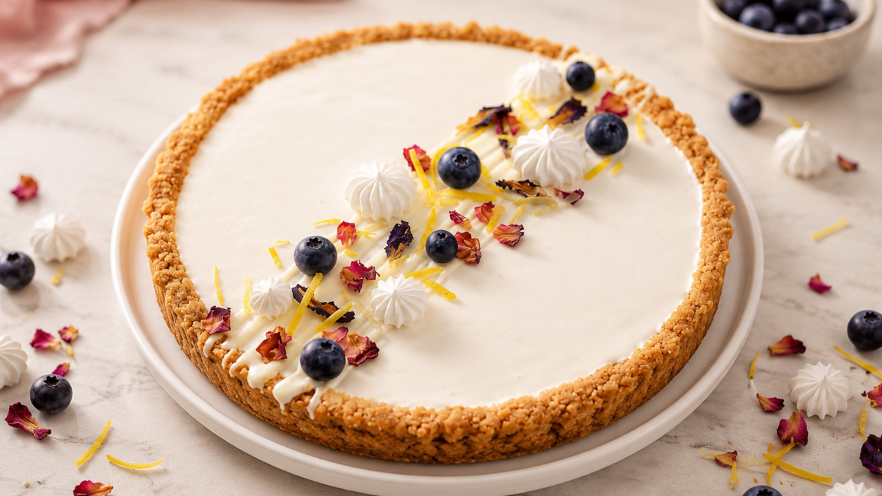 Creamy lemon blueberry tart with floral topping