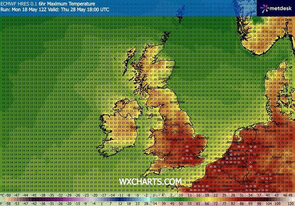 UK weather maps turn volcanic red for 33C scorcher - 18 counties above 28C