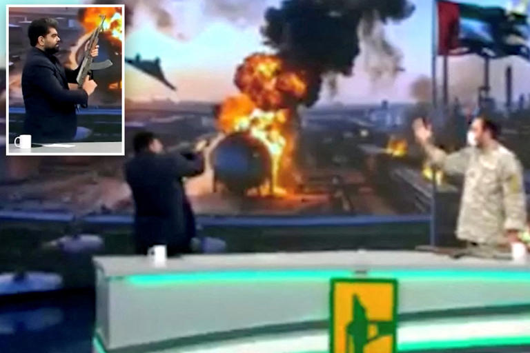 Moment Iranian TV news anchor fires assault rifle on live television ...