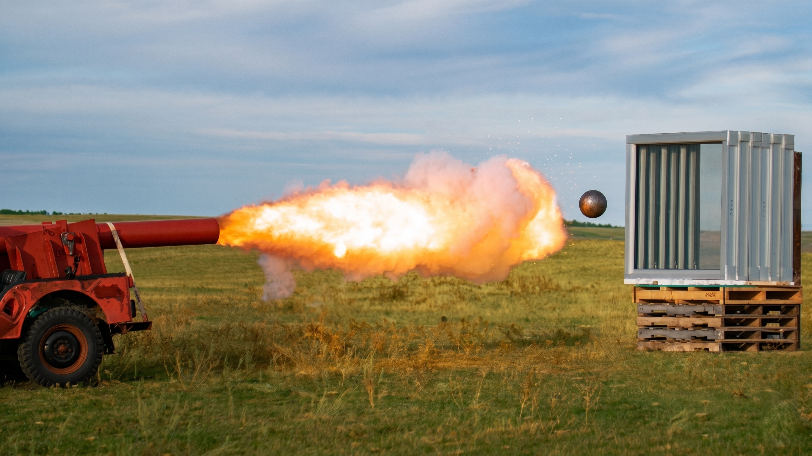 Watch what happens when a bowling ball cannon hits bulletproof glass