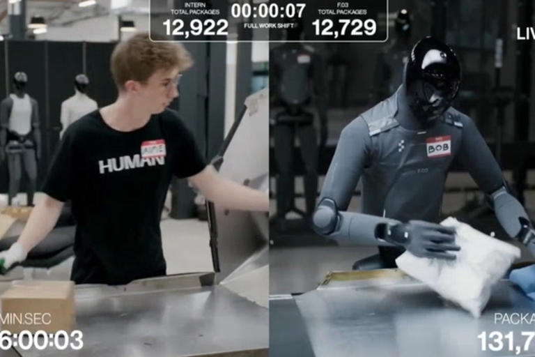 Humanoid robot and factory worker go head-to-head in packing challenge