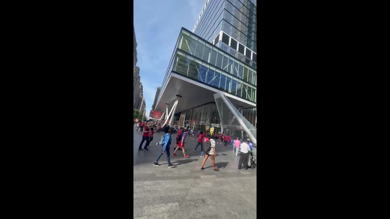 LIRR union workers protest outside Penn Station in New York, USA