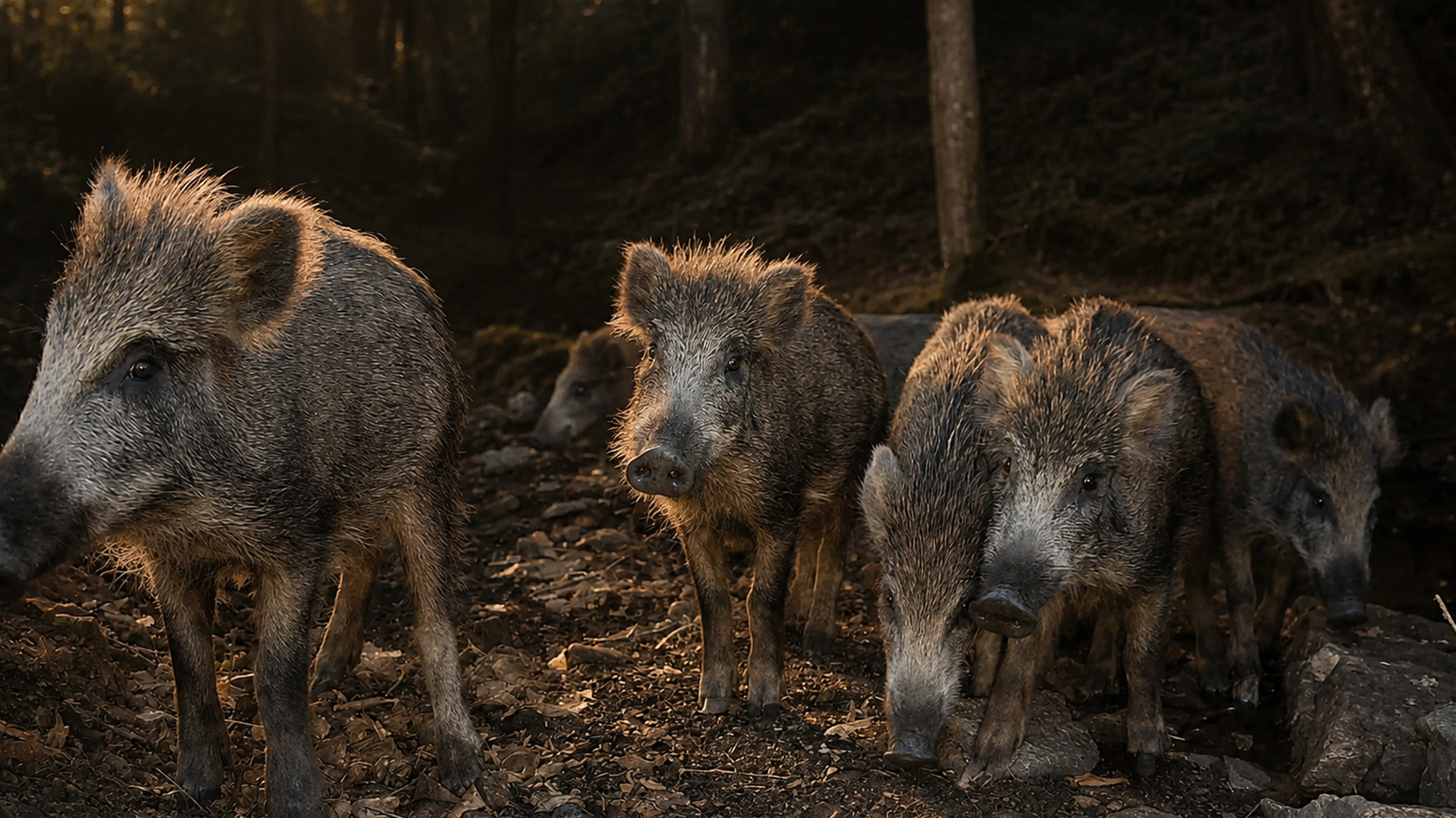 A camera trap captured wild boars walking straight toward the lens