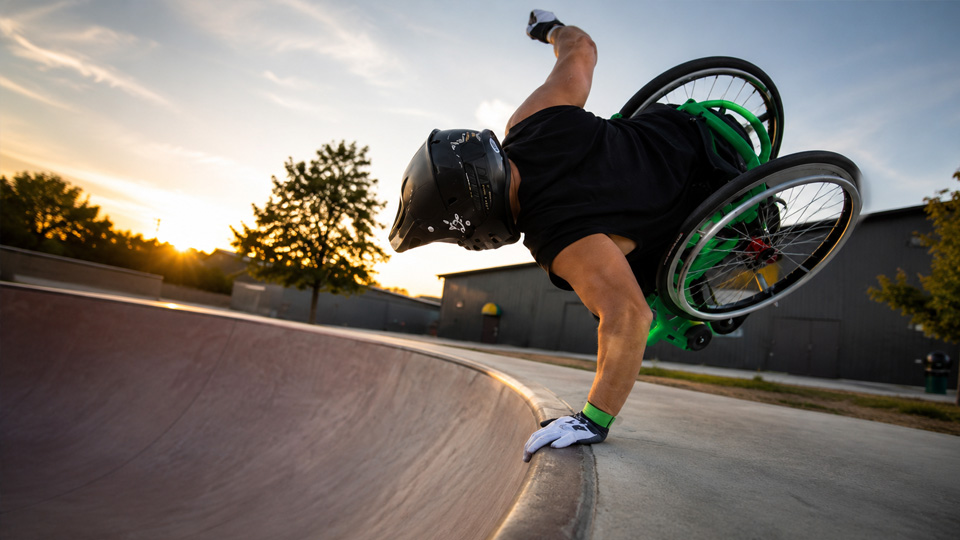 Extreme wheelchair moves turn into fast freestyle run