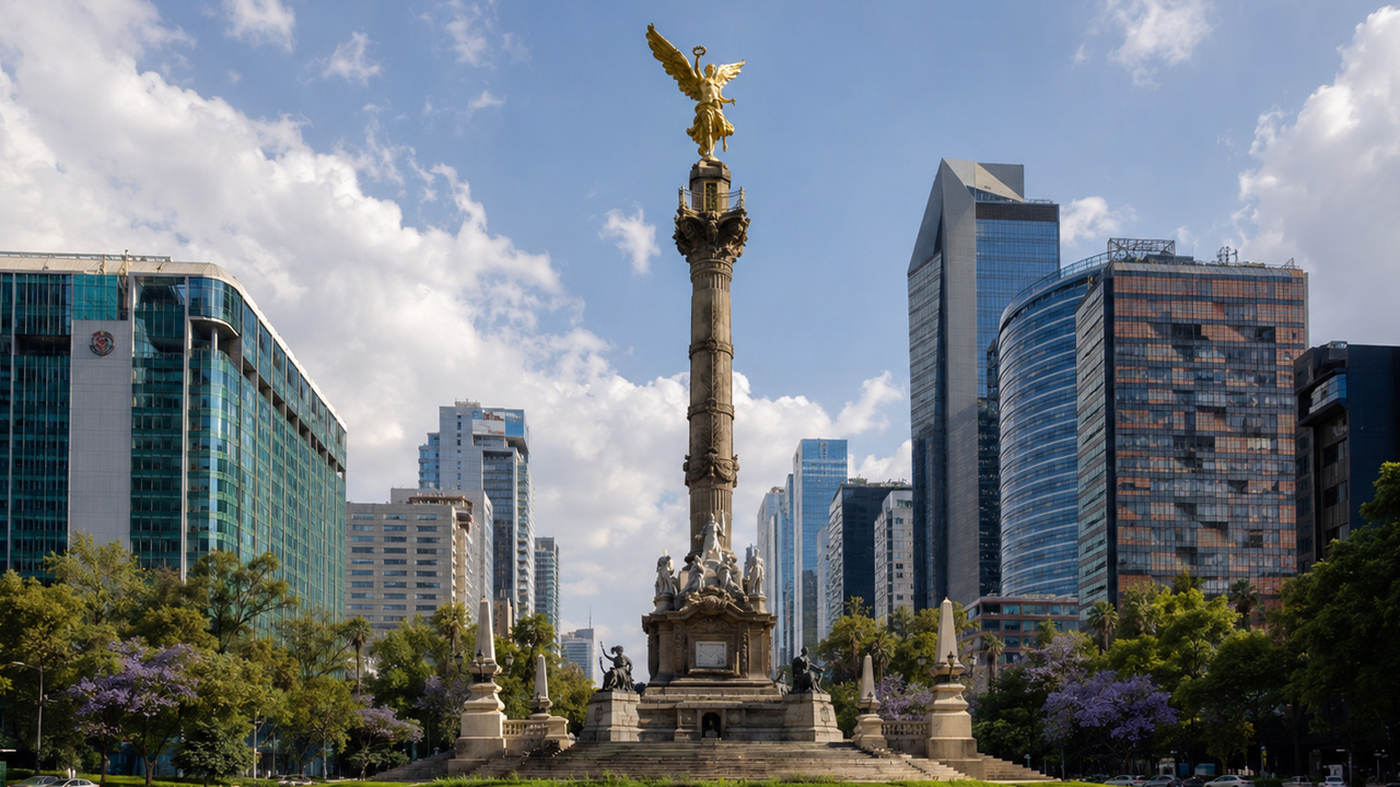 Mexico City’s Angel of Independence framed by modern towers