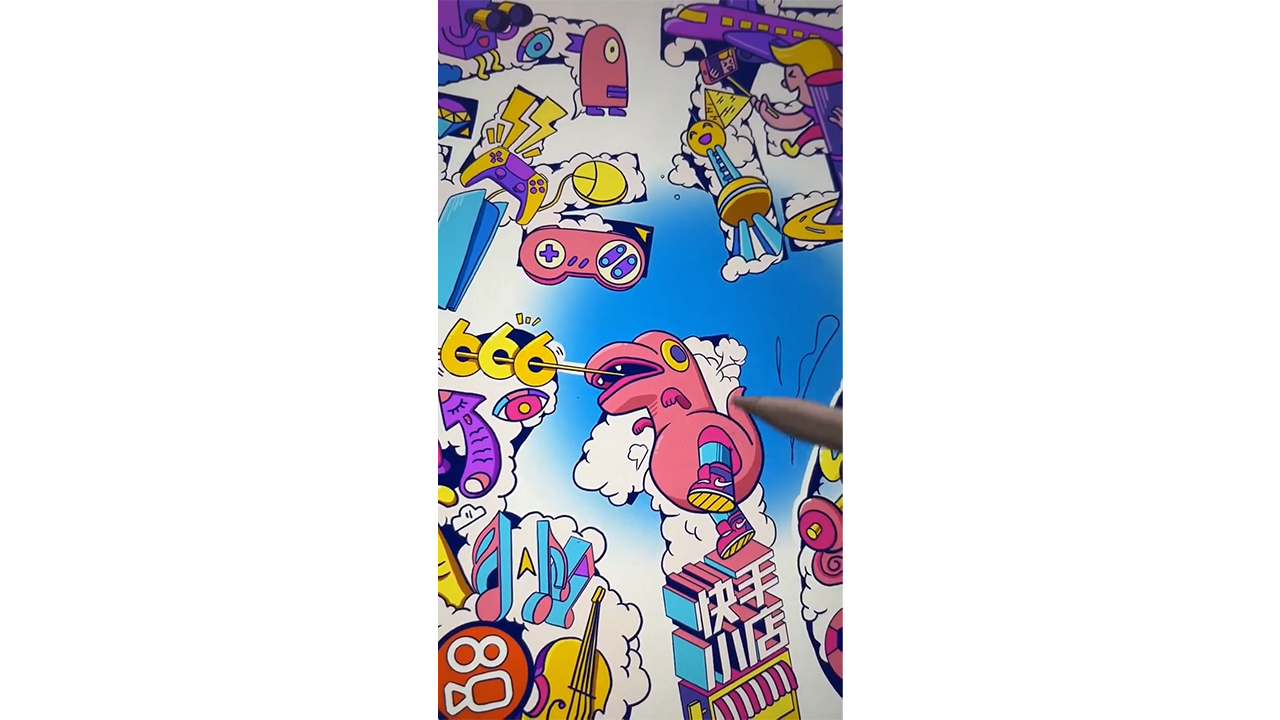 Colorful cartoon illustration with funky bird character and pop art ...
