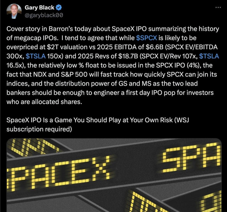 Top analyst predicts initial 'pop' for SpaceX investors following IPO ...