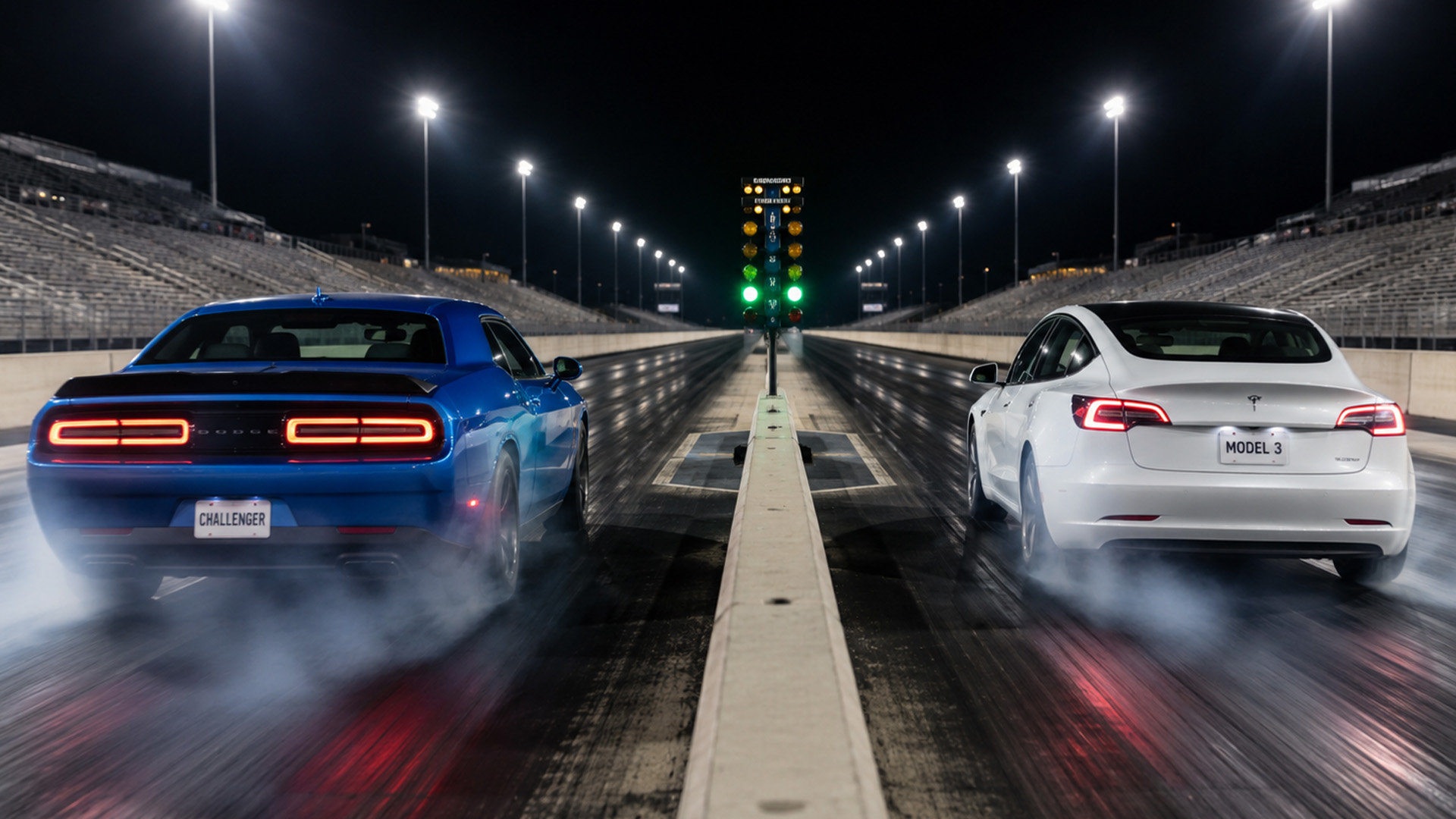 Dodge Challenger and Tesla Model 3 drag race