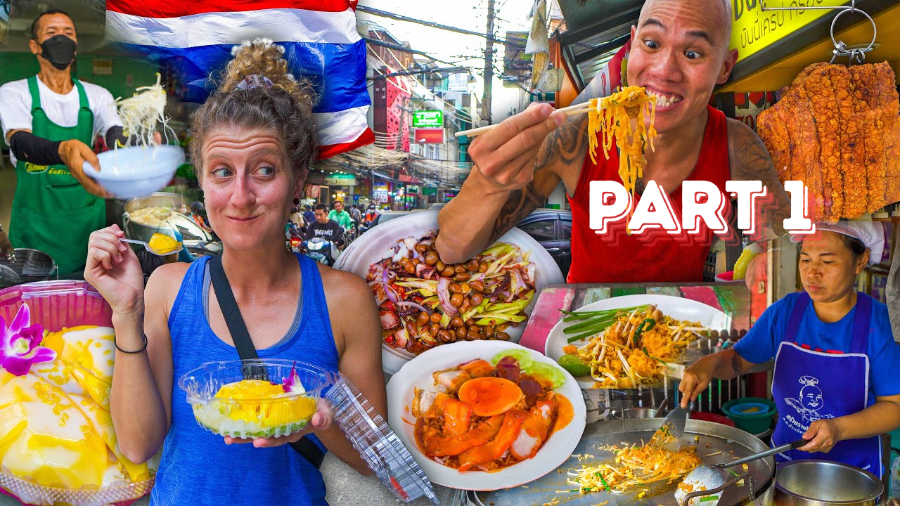 Bangkok street food tour eating along one famous street part 1