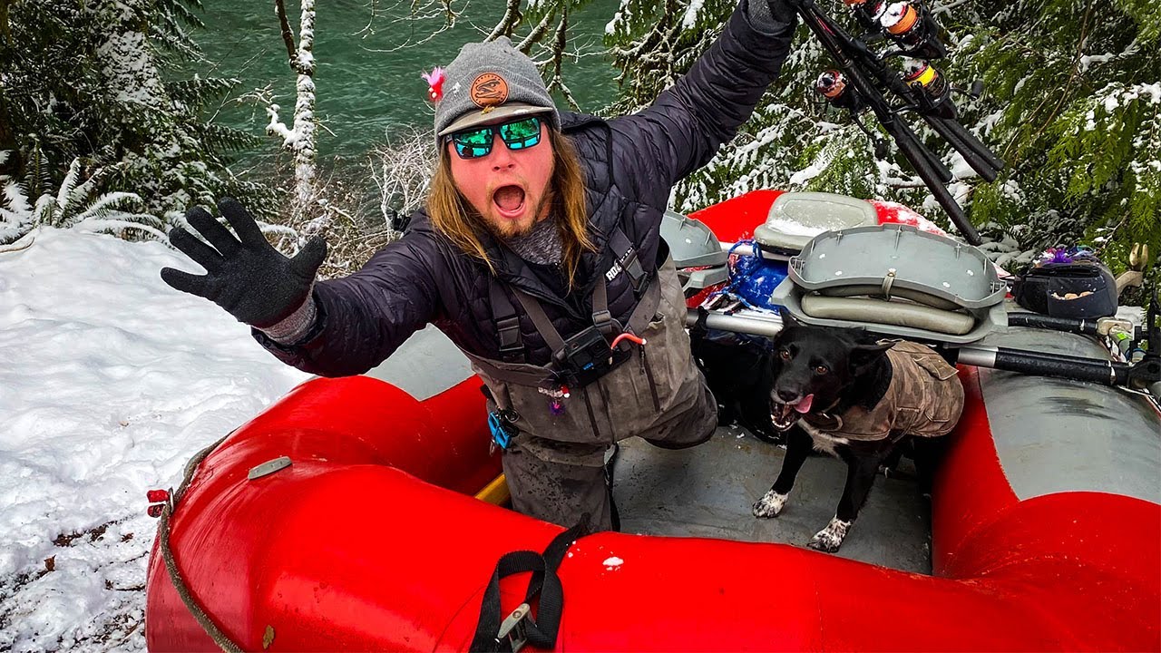 Sending my raft off a snowy cliff, fishing for steelhead! Bonus elk ...