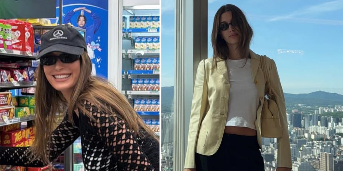 Hailey Bieber wears a sheer lace shirt and black pants for a grocery run