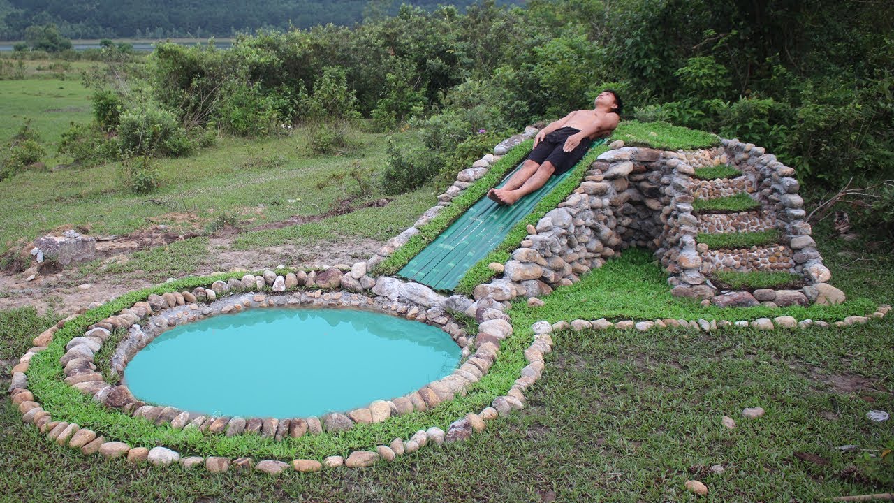 Build water slide and stone swimming pool underground