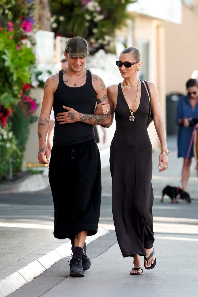 Bella Hadid wears a colorful vintage-style one-piece in Saint-Tropez