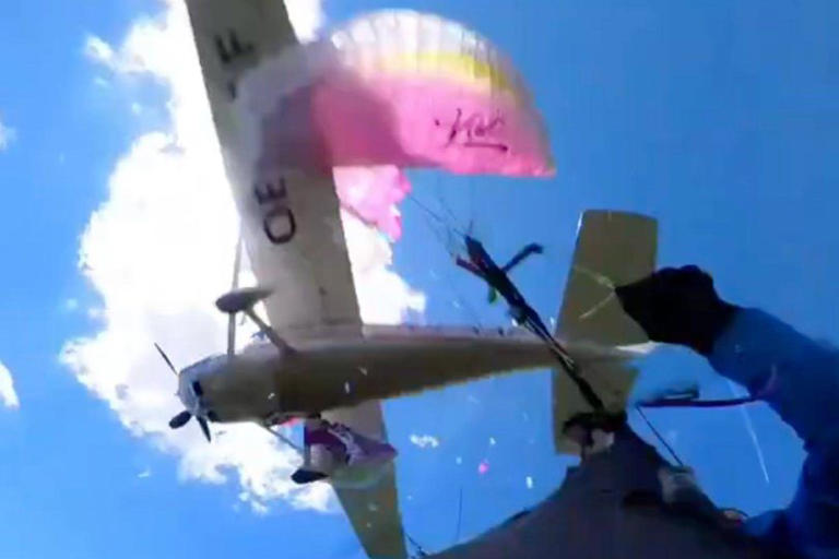 Video captures horror moment plane propeller shreds paraglider's canopy ...