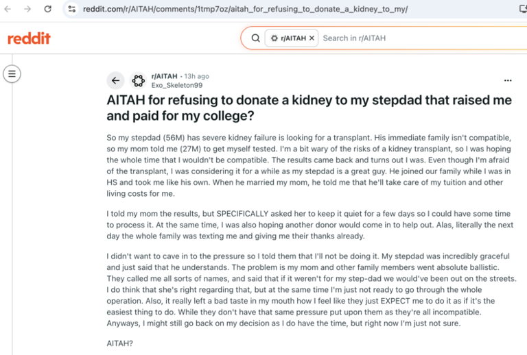 His mom freaked out on him for being too scared to donate a kidney to ...