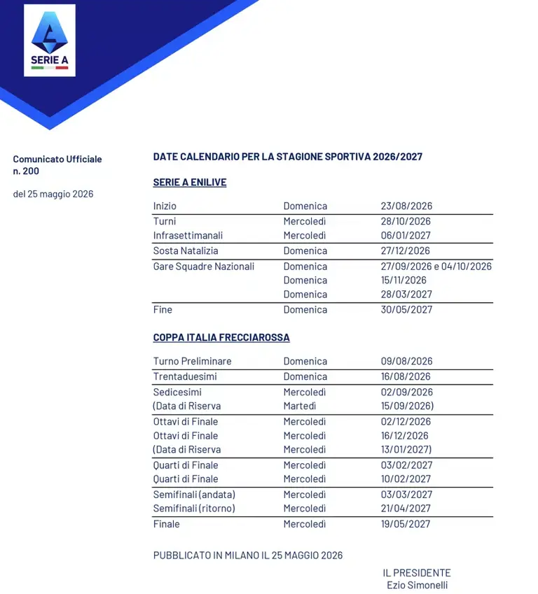 Serie A e Coppa Italia, ufficializzato il nuovo calendario 2026/2027