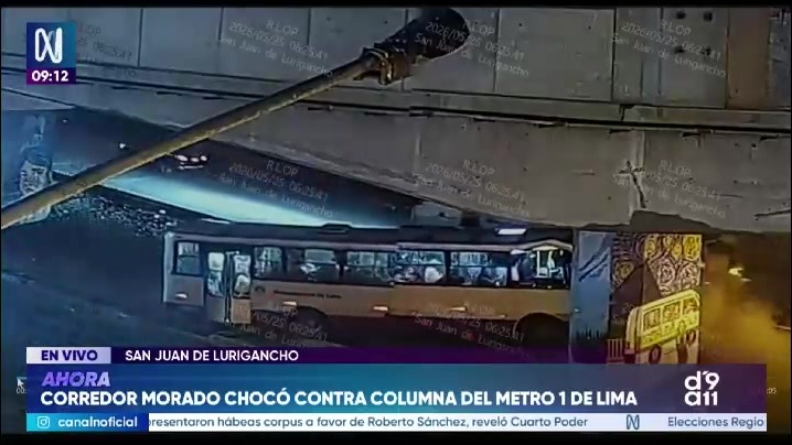 Bus del Corredor Morado choca contra columna del Metro de Lima en SJL
