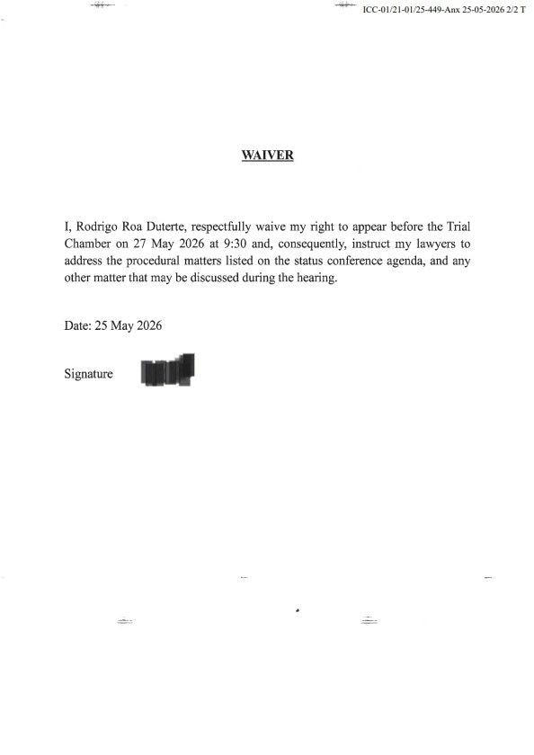 Rodrigo Duterte signs waiver, to skip first ICC status conference