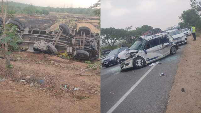 Telangana: Vehicles pile up on NH44 after lorry tire bursts