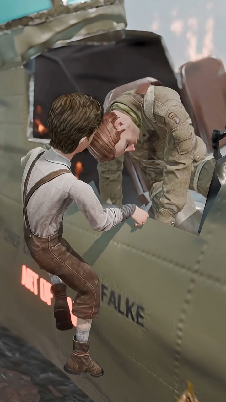 Young boy drags injured pilot away before huge explosion