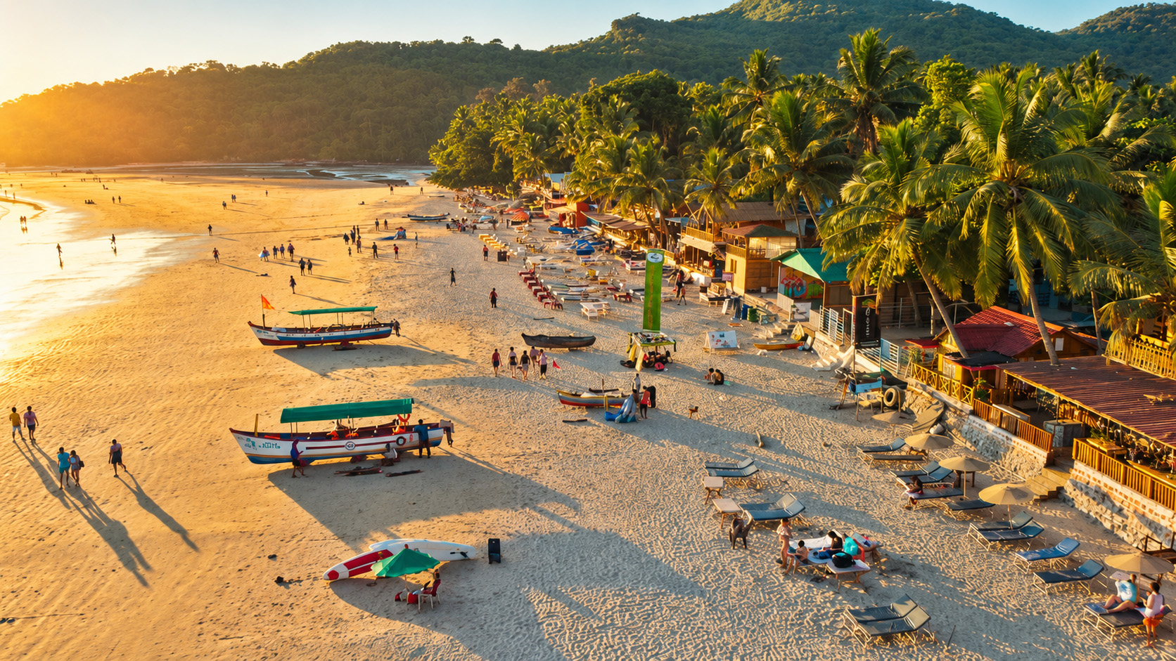 Palolem Beach’s golden sunset over a palm-fringed bay